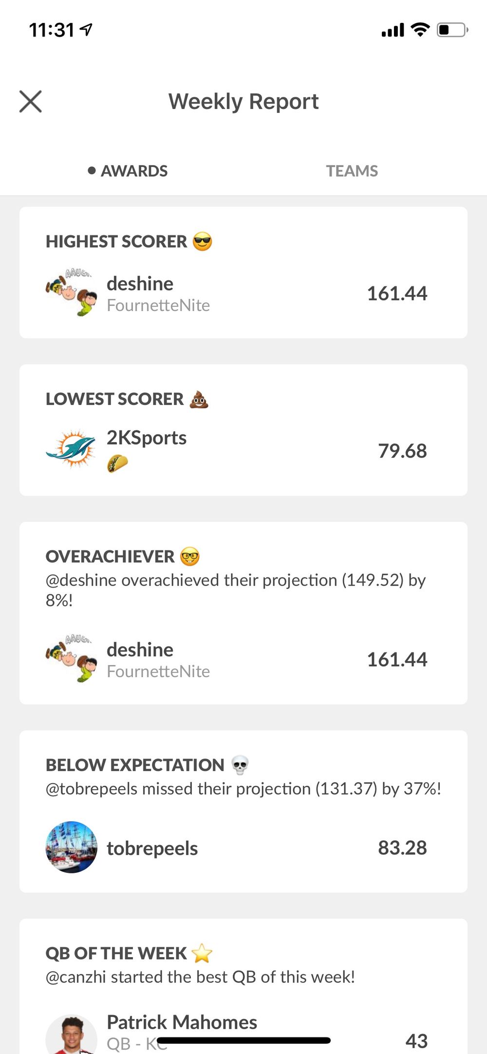 League History and Weekly Reports with Awards