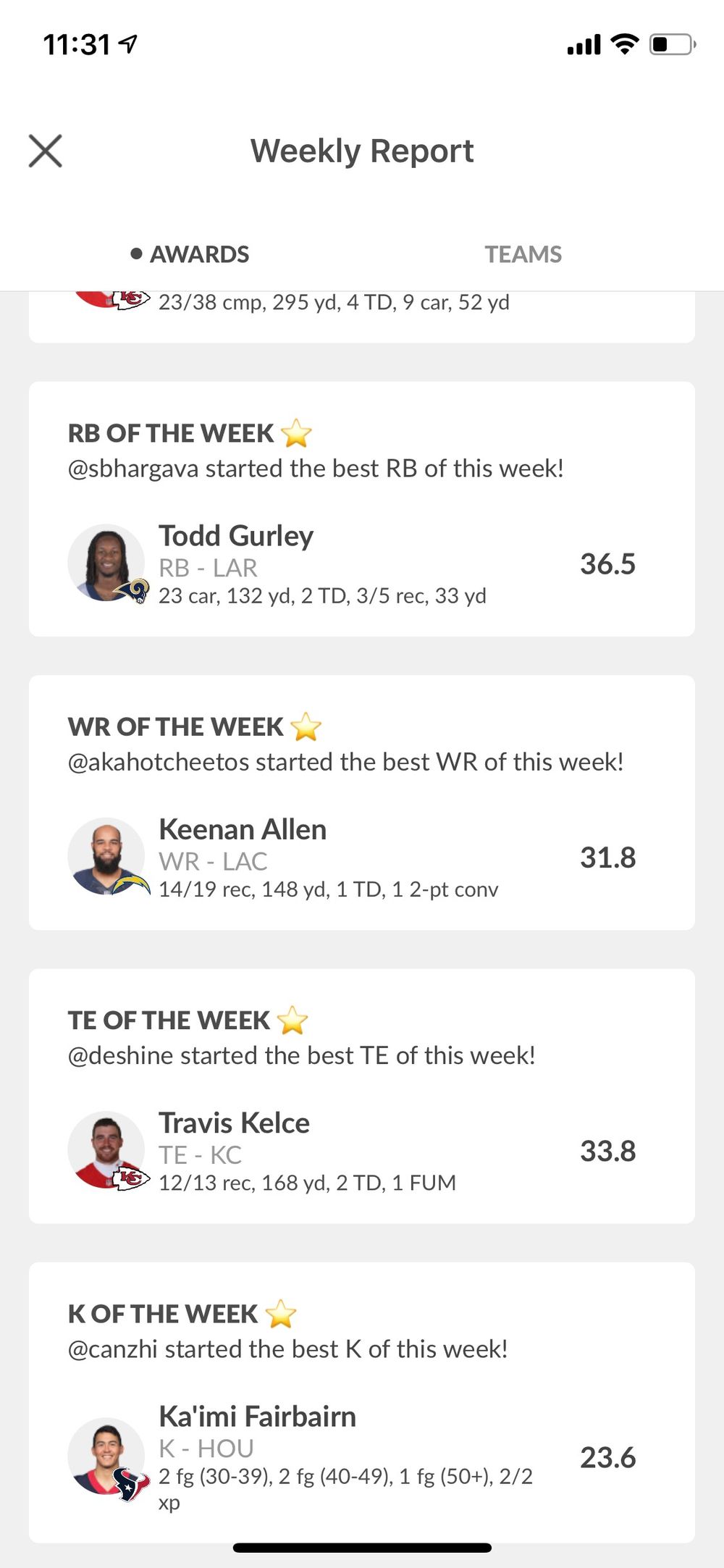 League History and Weekly Reports with Awards